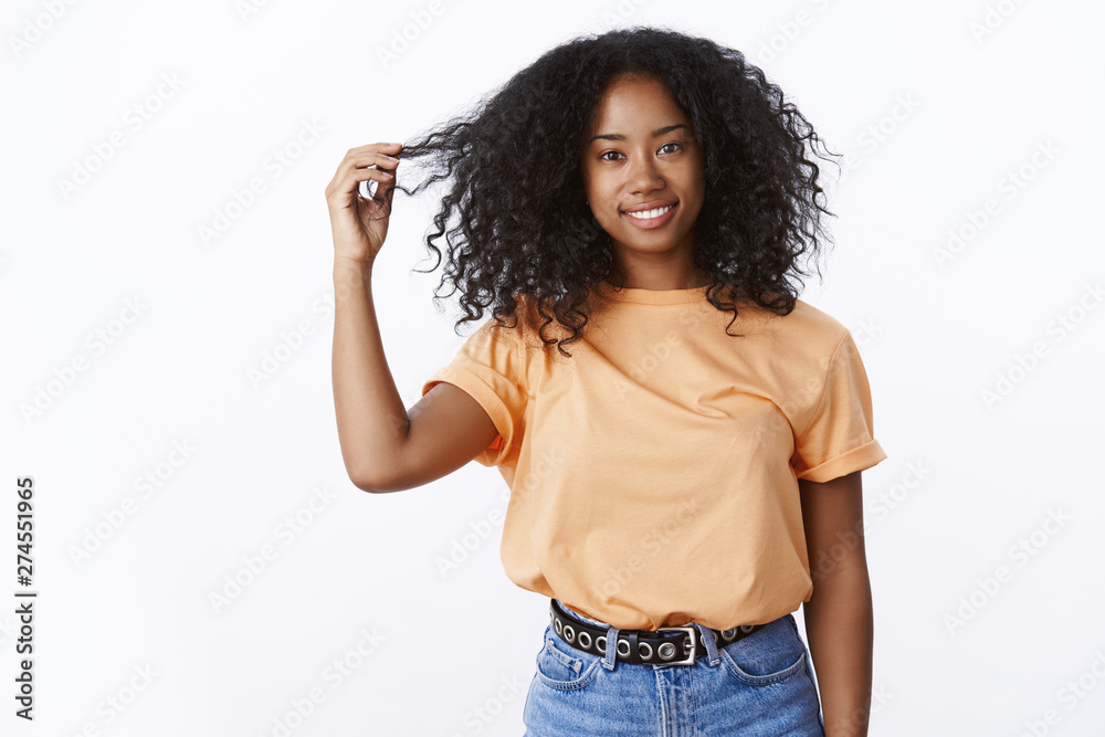 Girl asking how take care curly hair consulting hairstylist, touching ...