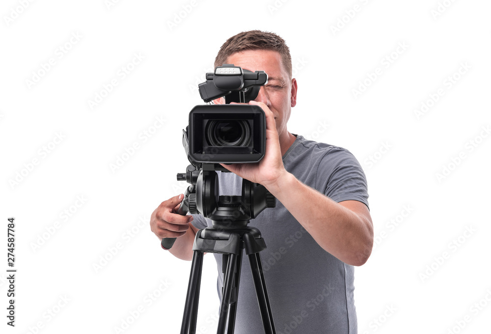 Cameraman. Video camera operator isolated on a white background. Stock ...