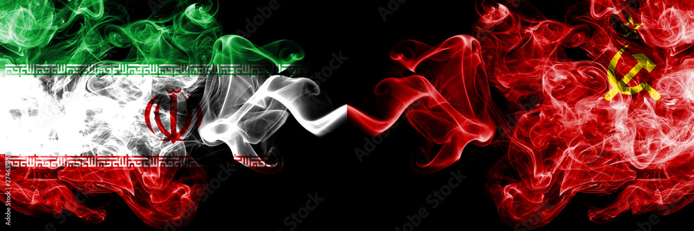 Iran vs USSR, Communist smoky mystic states flags placed side by side ...
