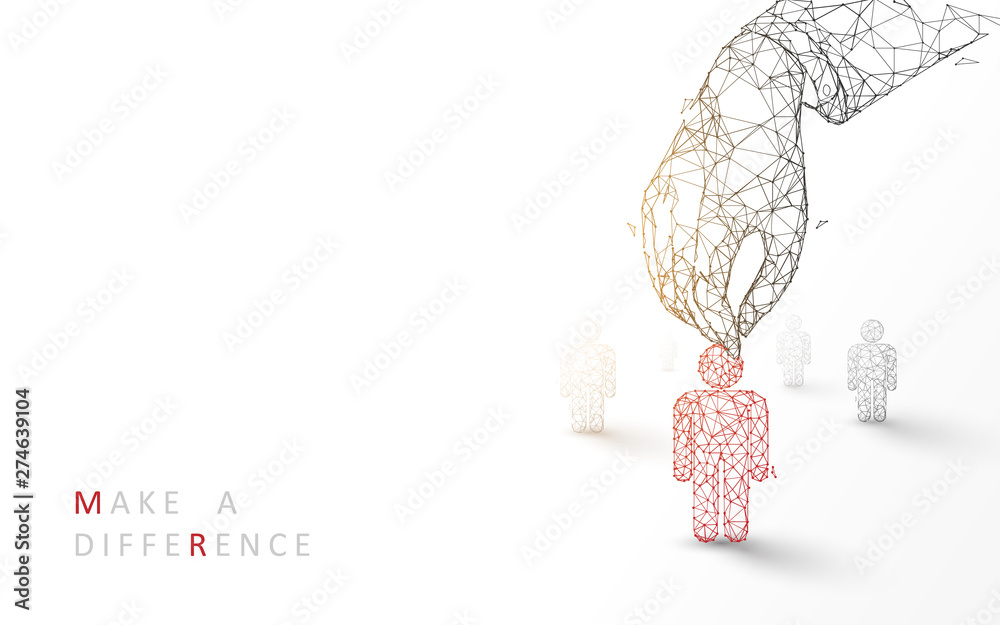 Hand picking up a red business person candidate. Recruitment concept ...