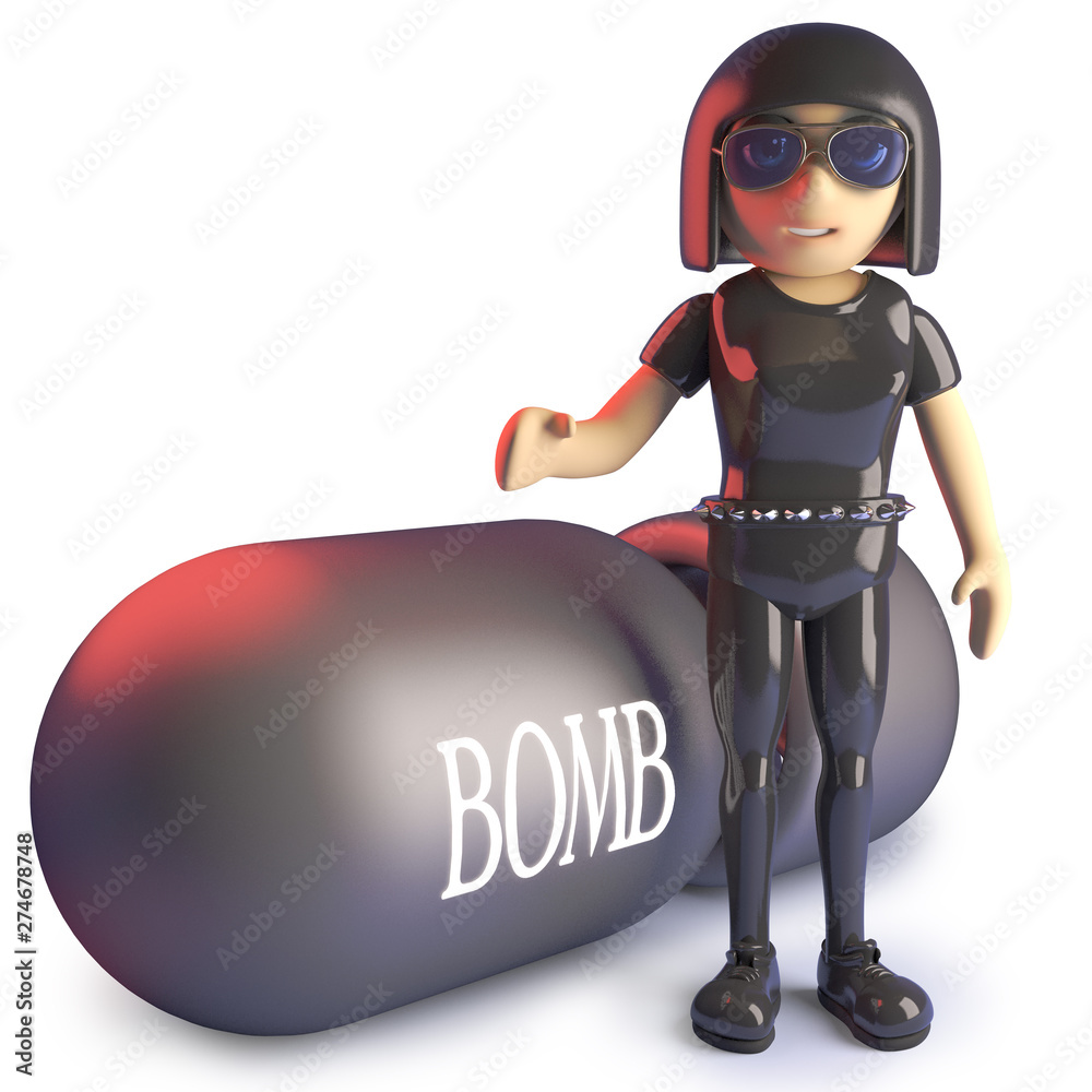 Goth girl looks uncomfortable stood next to an atomic nuclear bomb, 3d ...