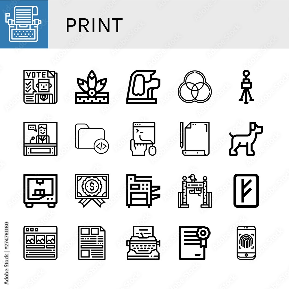 Set of print icons such as Typewriter, Newspaper, Native american, Dog ...