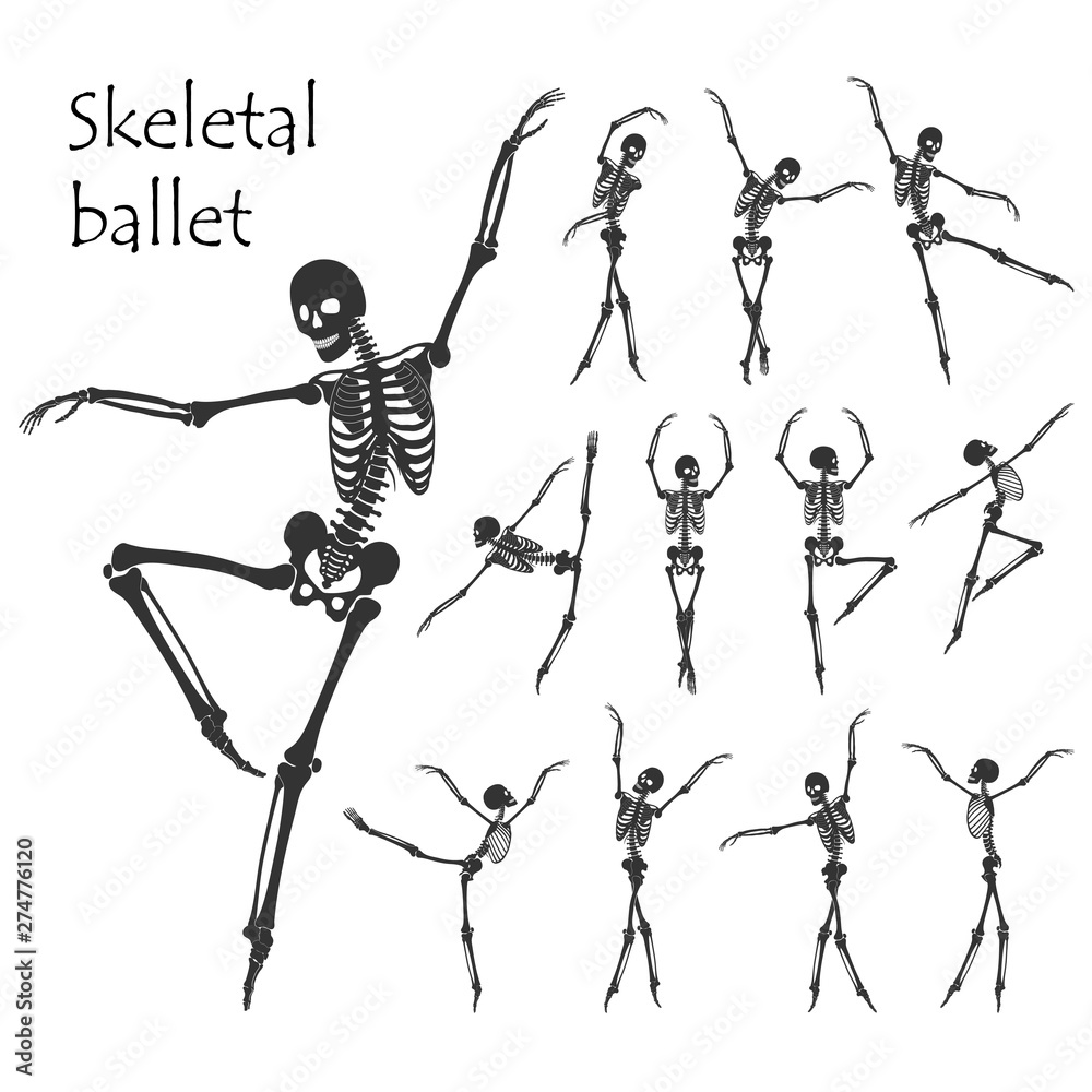 Ballet. Set of dancing black skeletons silhouettes isolated on white ...