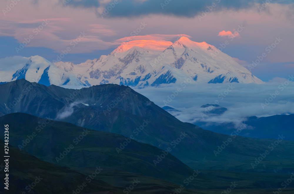 Sunrise view of Mount Denali - mt Mckinley peak with red alpenglow from ...
