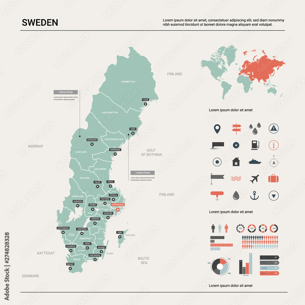 Vector map of Sweden. Country map with division, cities and capital ...