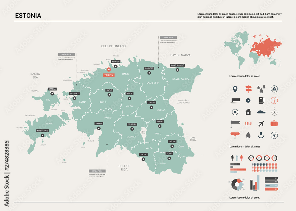 Vector map of Estonia. Country map with division, cities and capital Tallinn. Political map ...
