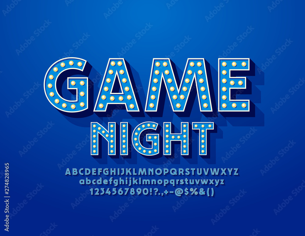 Vector retro style poster Game Night. Blue lamp Font. 3D electric light ...