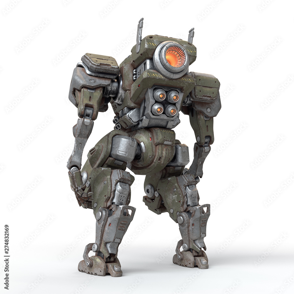 Sci-fi mech soldier standing on white background. Military futuristic ...