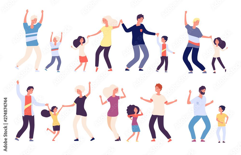 Dancing parents with kids. Happy children dad and mom dance family ...