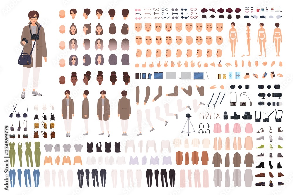 Woman photographer, animation kit or creation set. Bundle of body parts ...