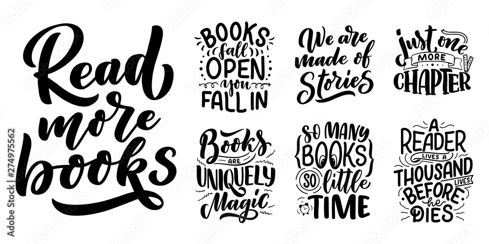 Set with abstract lettering about books and reading for poster design ...