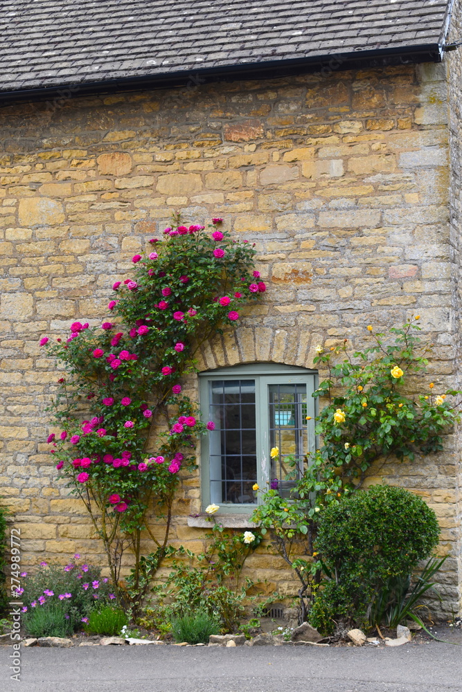 Peasant house window with yellow and pink flowers. Stone facade and ...