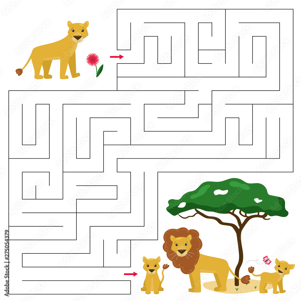 Stock-Vektorgrafik „Maze game for kids. Help the baby lion find right ...