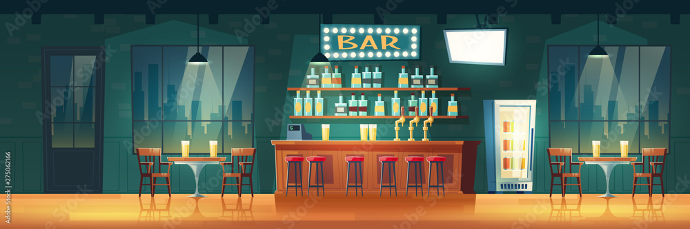 Empty city bar or pub at evening cartoon vector retro interior. Stools ...