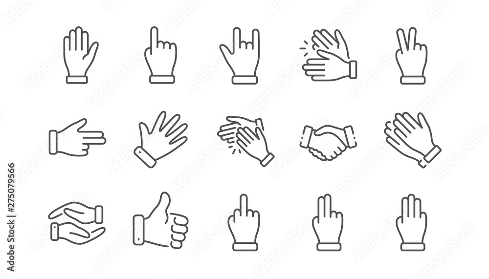 Hand gestures line icons. Handshake, Clapping hands, Victory. Horns ...
