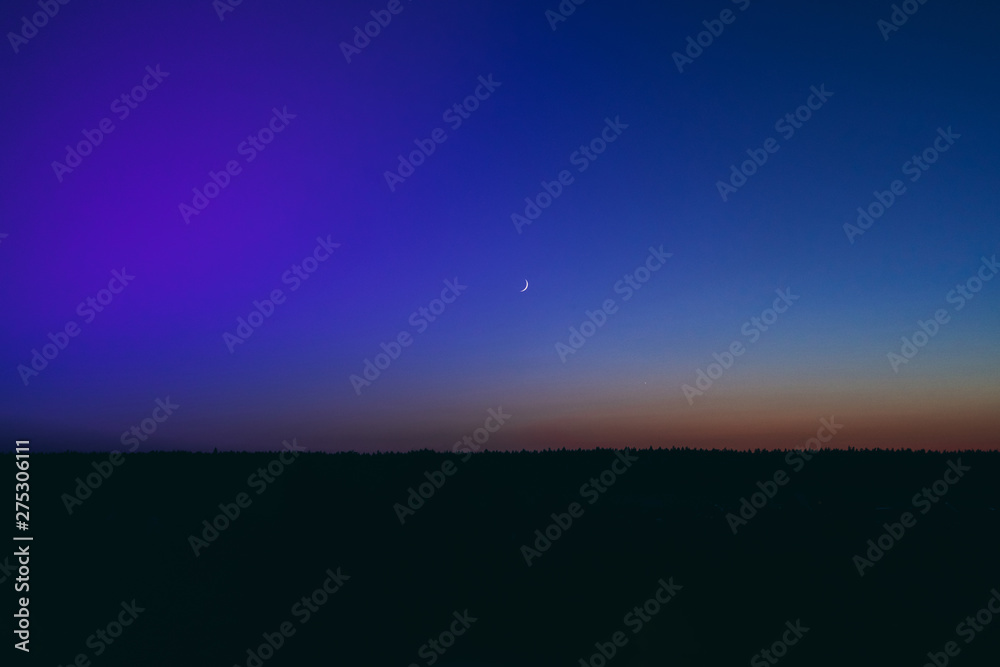 Late evening sky and landscape. Calm summer scenery night. Camping in ...