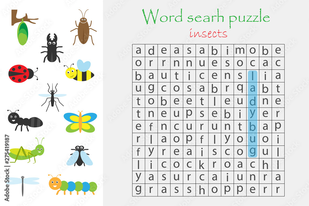 Word search puzzle for children, insect theme, fun education game for ...