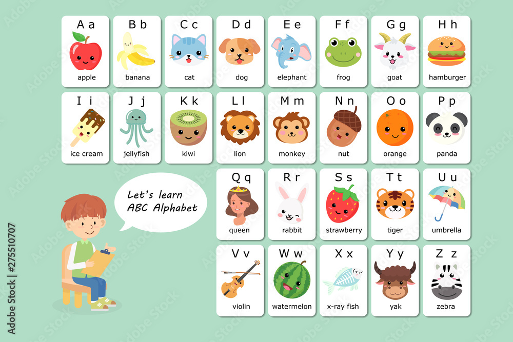 Kawaii English vocabulary and alphabet flash card vector for kids to ...