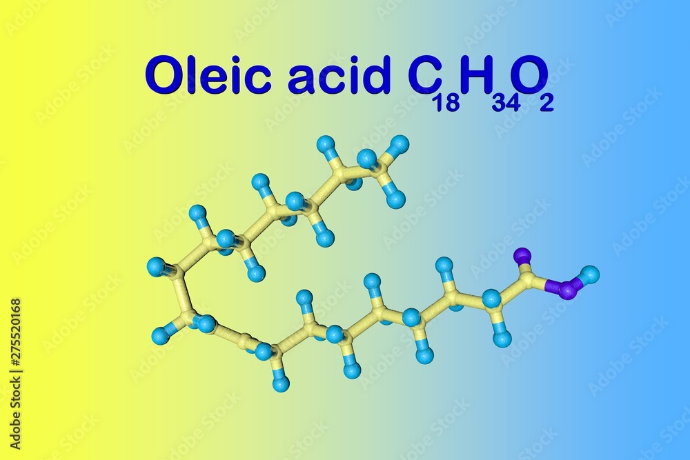 Structural chemical formula and molecular model of oleic acid. It is a ...