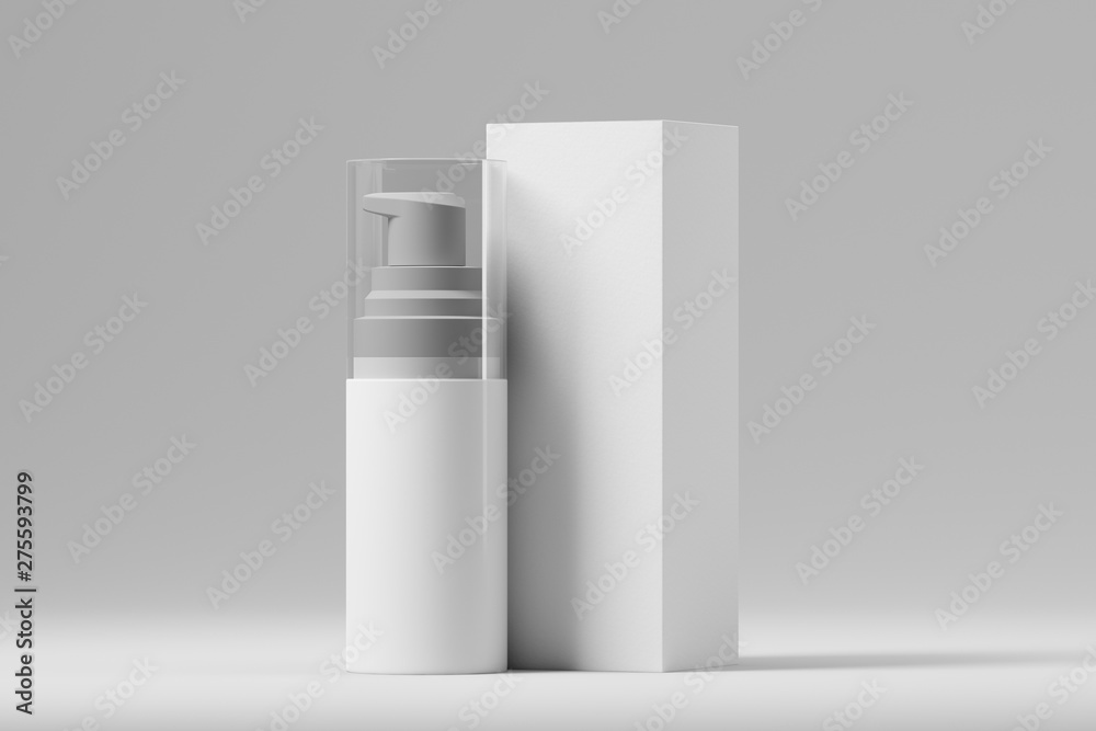 White cosmetic dispenser with cardboard box on a light background. Mock ...