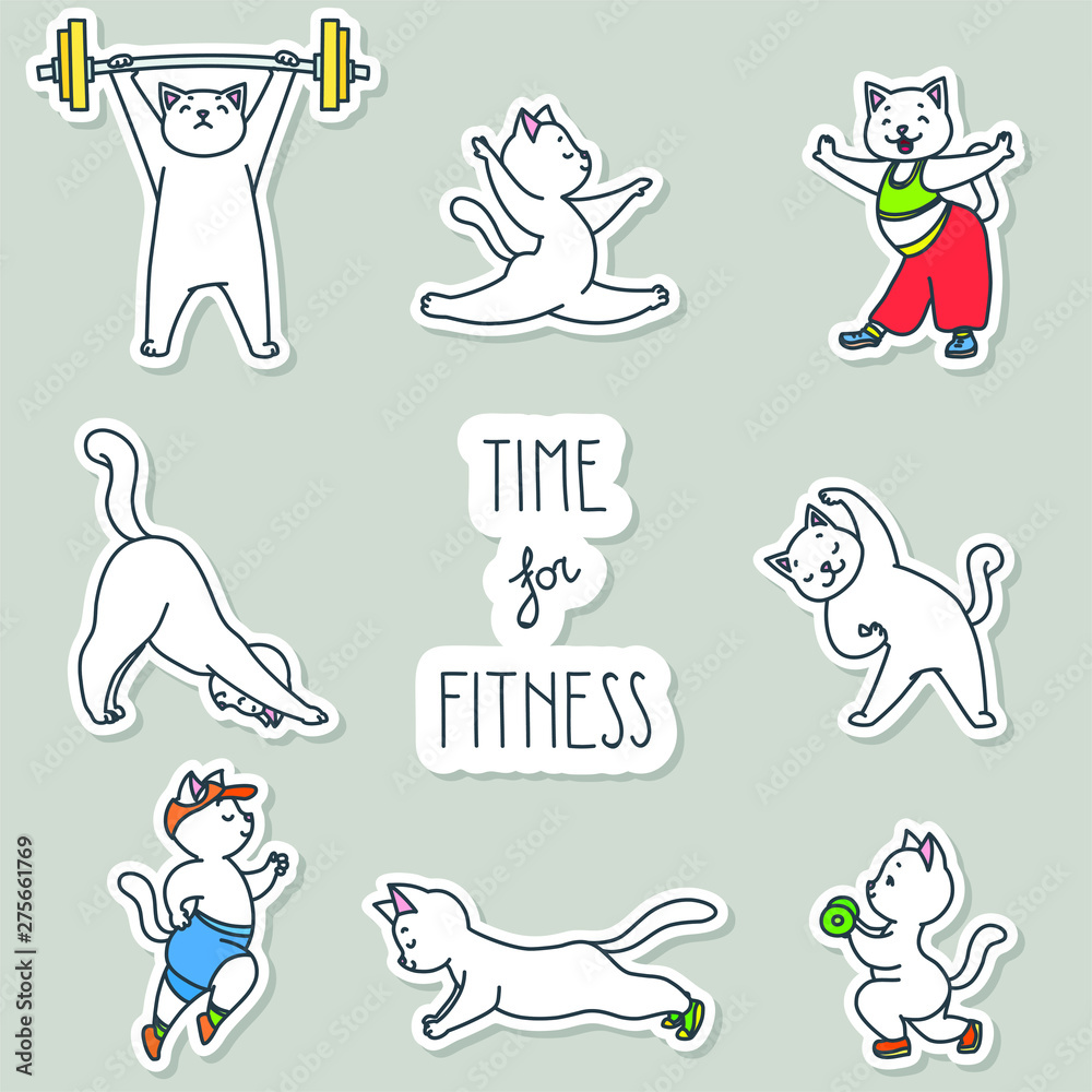 Time for fitness. Stickers set. Illustration of cute white cats doing ...