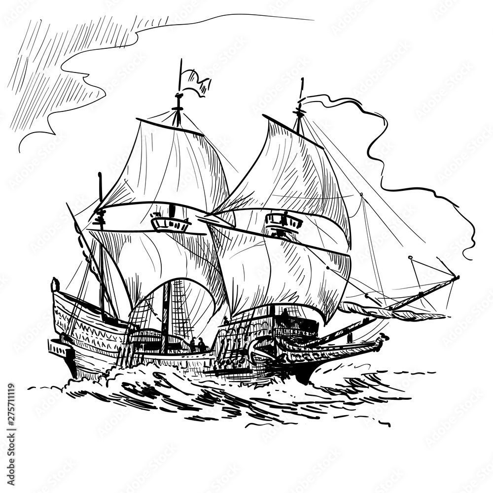 Sailing Ship vintage frigate on the waves. Hand drawn vector ...