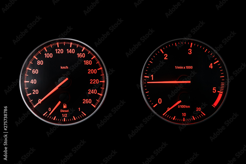 Car dashboard wuth red backlight: Odometer, speedometer, tachometer ...
