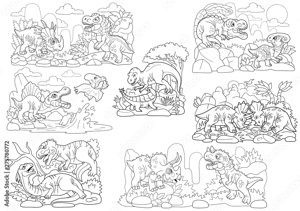 cartoon prehistoric dinosaurs, coloring book, set of images Stock ...
