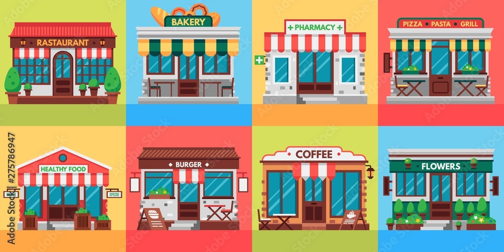 Vector de Stock Restaurants and shops facades. Old shop building ...
