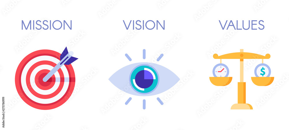 Mission, vision and values. Business strategy icons, company value and ...