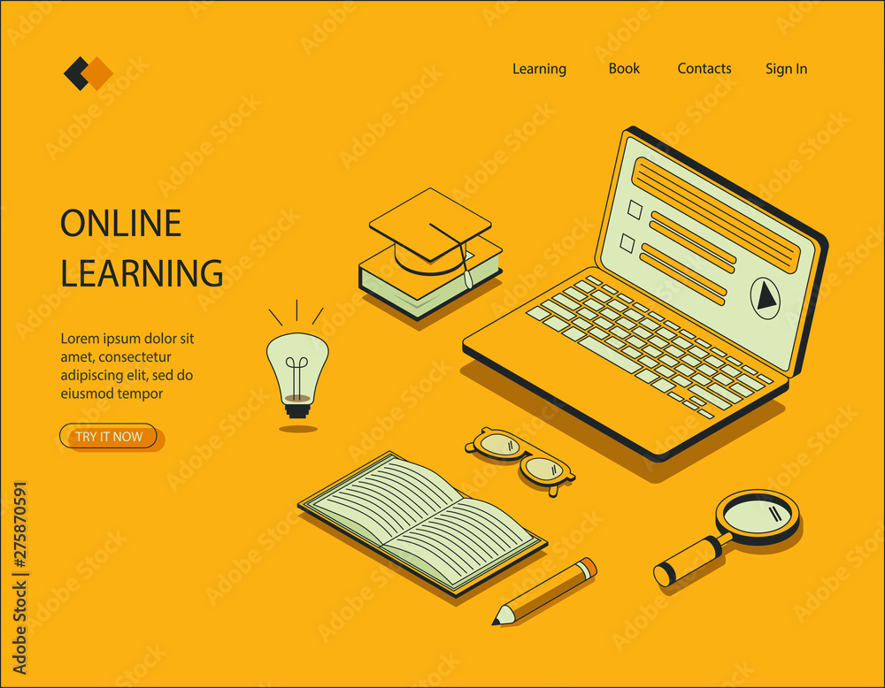 Isometric image on a yellow background of online learning ...