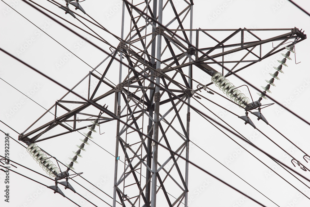 High steel pylon of high voltage power line. Metal construction for ...