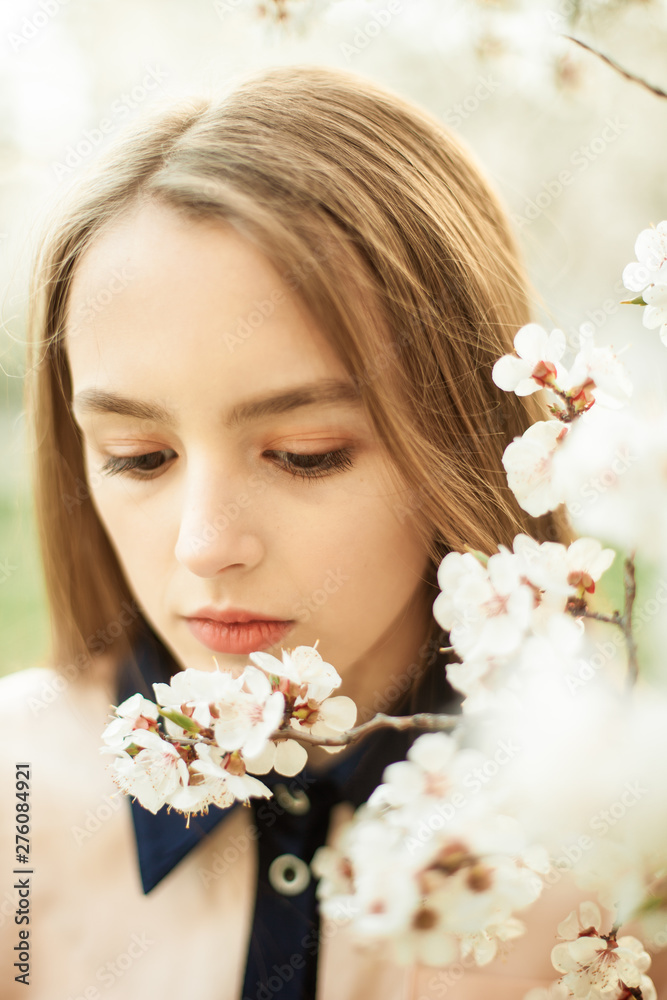 fotography of a girl in nature. Blooming trees. Apricots Stock Photo ...