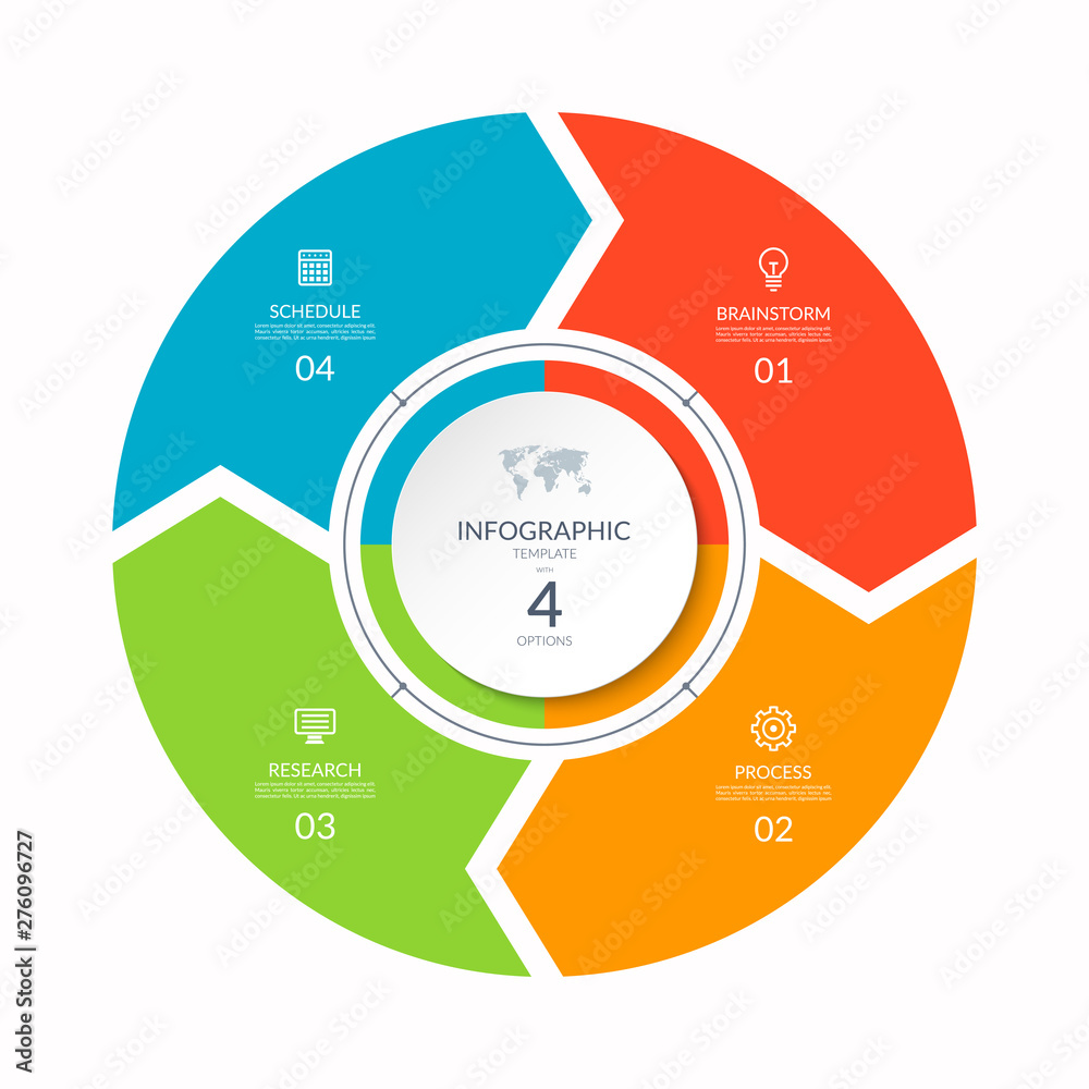 Infographic process chart. Cycle diagram with 4 stages, options, parts ...