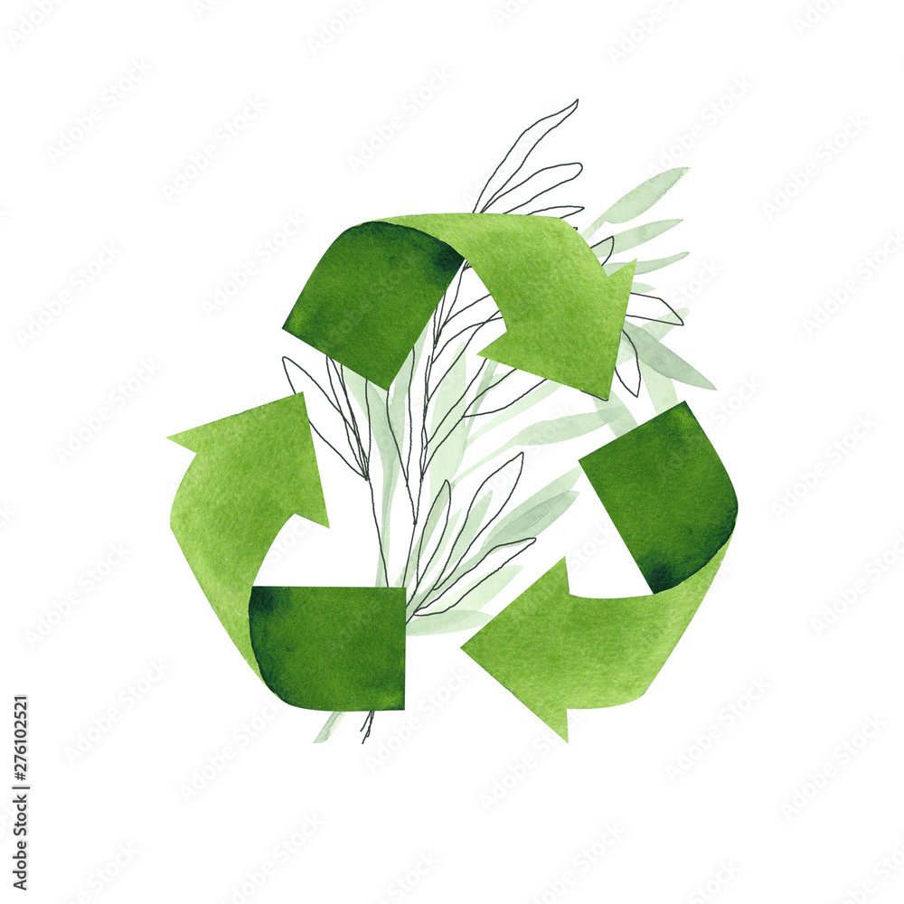 Watercolor recycling sign with leaves isolated on white background ...