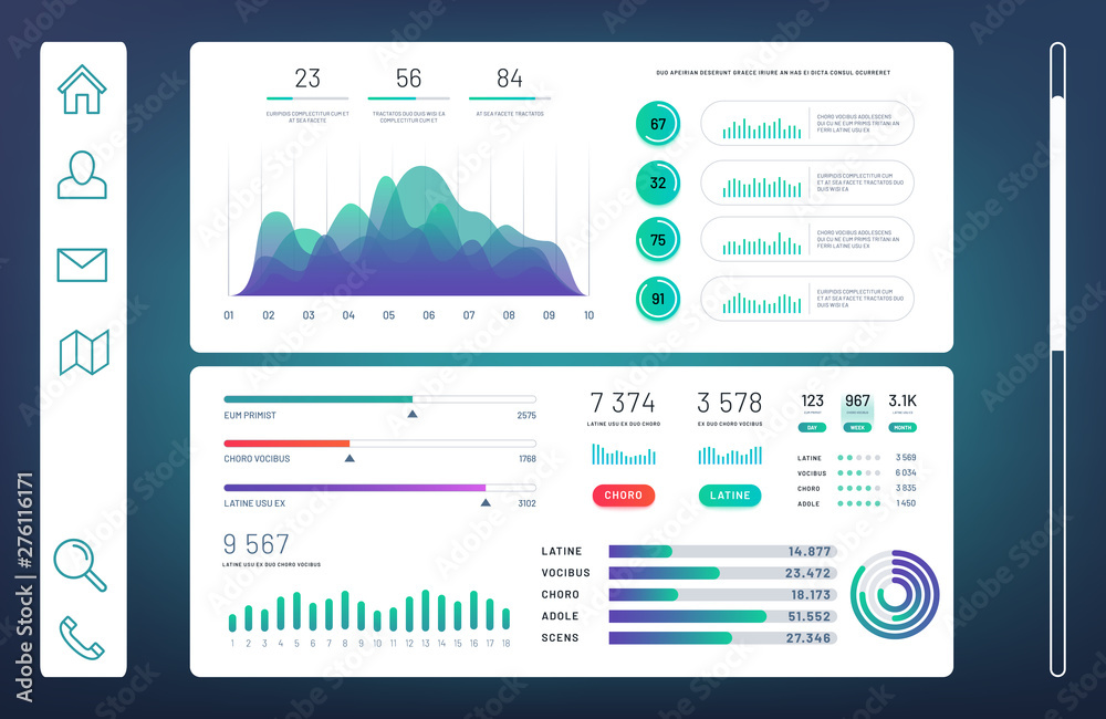 Infographic dashboard, web admin panel with info charts, diagrams vector template. Illustration ...