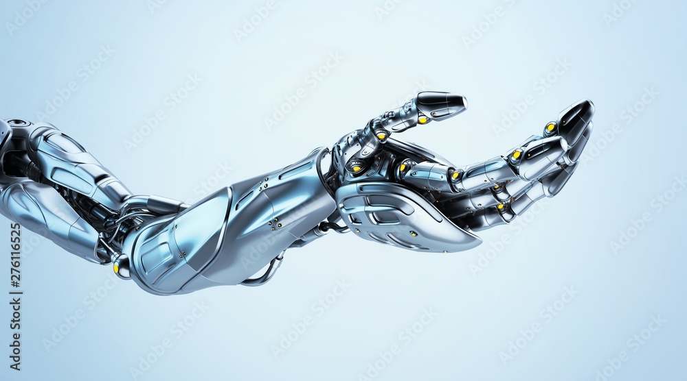 Steel artificial futuristic robotic arm with asking gesture, 3d render ...