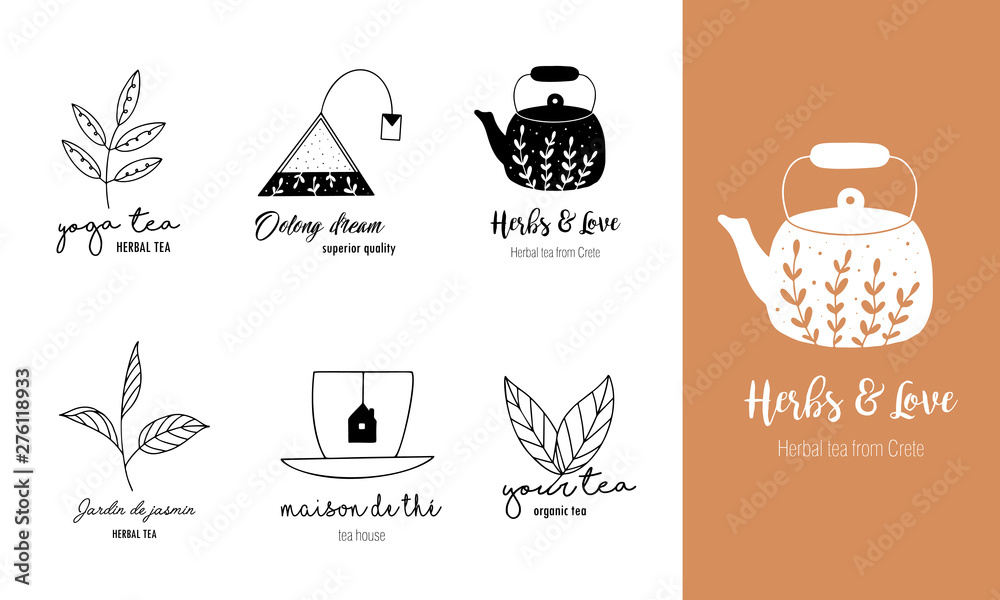 Hand drawn tea logo set in doodle style Stock Vector | Adobe Stock