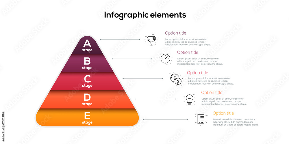 Business pyramid chart infographics with 5 steps. Pyramidal stages ...