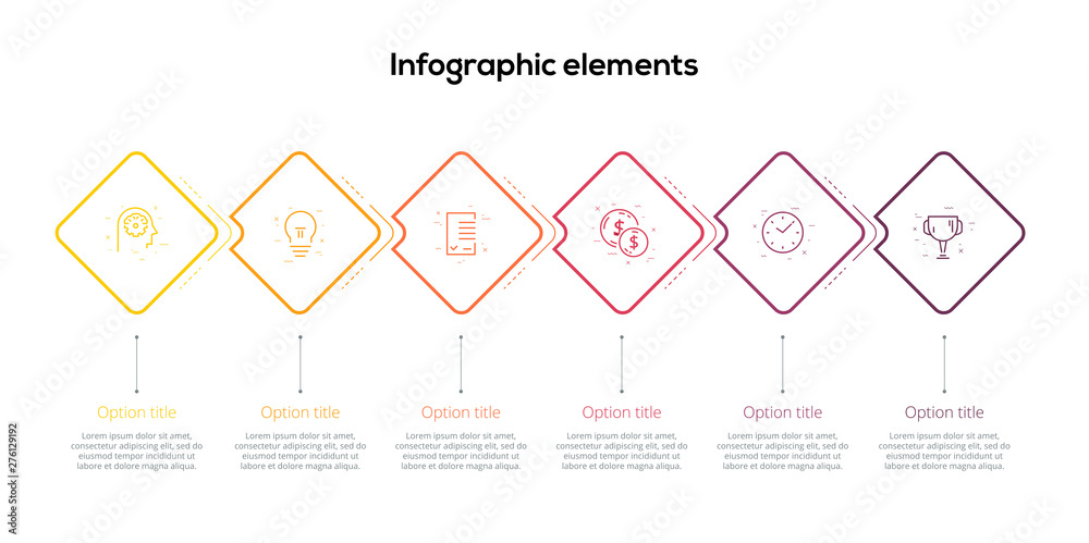 Business process chart infographics with 6 step rhombs. Square ...