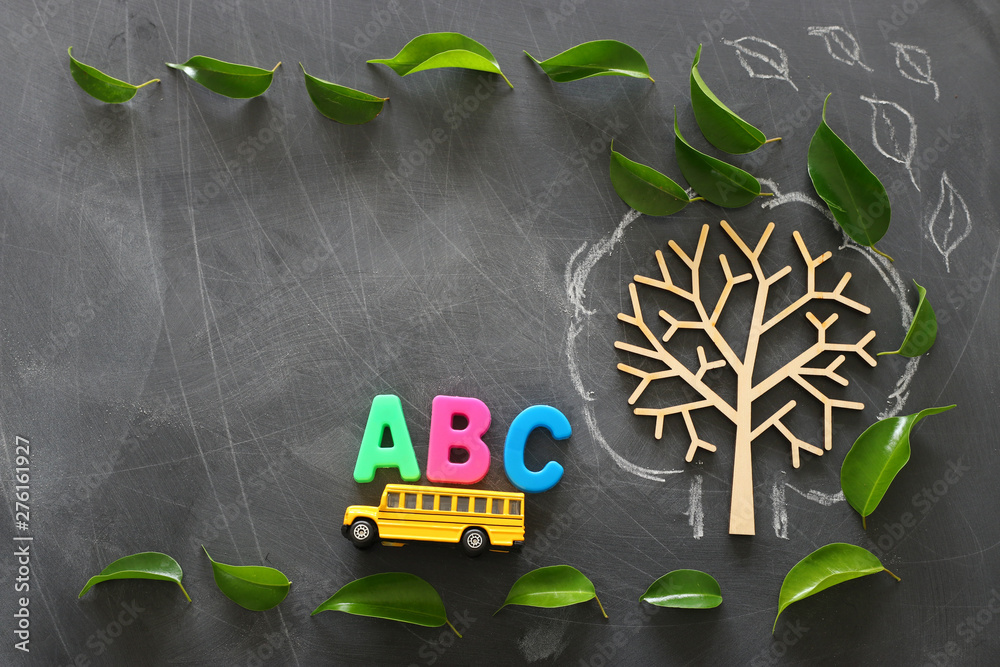 education and back to school concept. Top view photo of school bus and ...