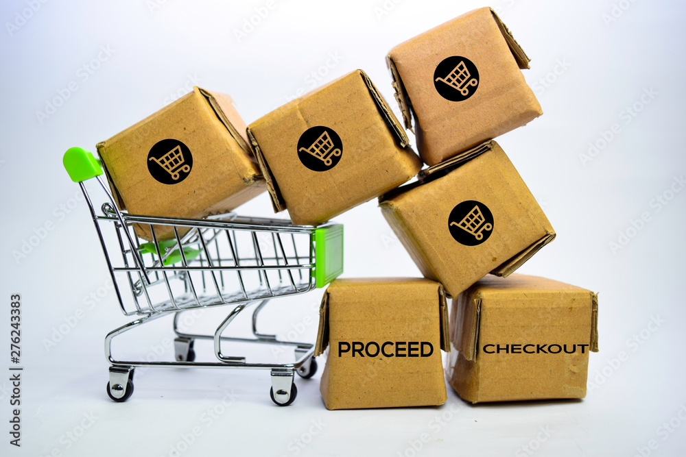 Proceed Checkout Text in small boxes and shopping cart. Concepts about ...