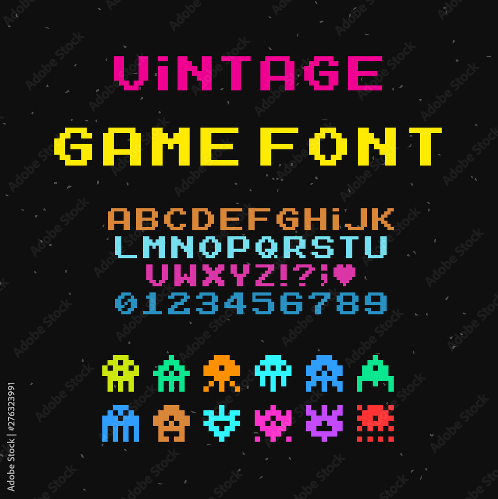 Set of vector letters in retro style. Game design. Font of old games. 8 ...
