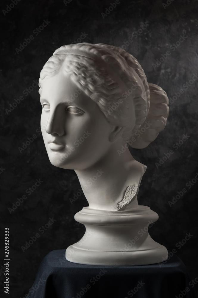 Gypsum copy of ancient statue Venus head on a dark textured background ...