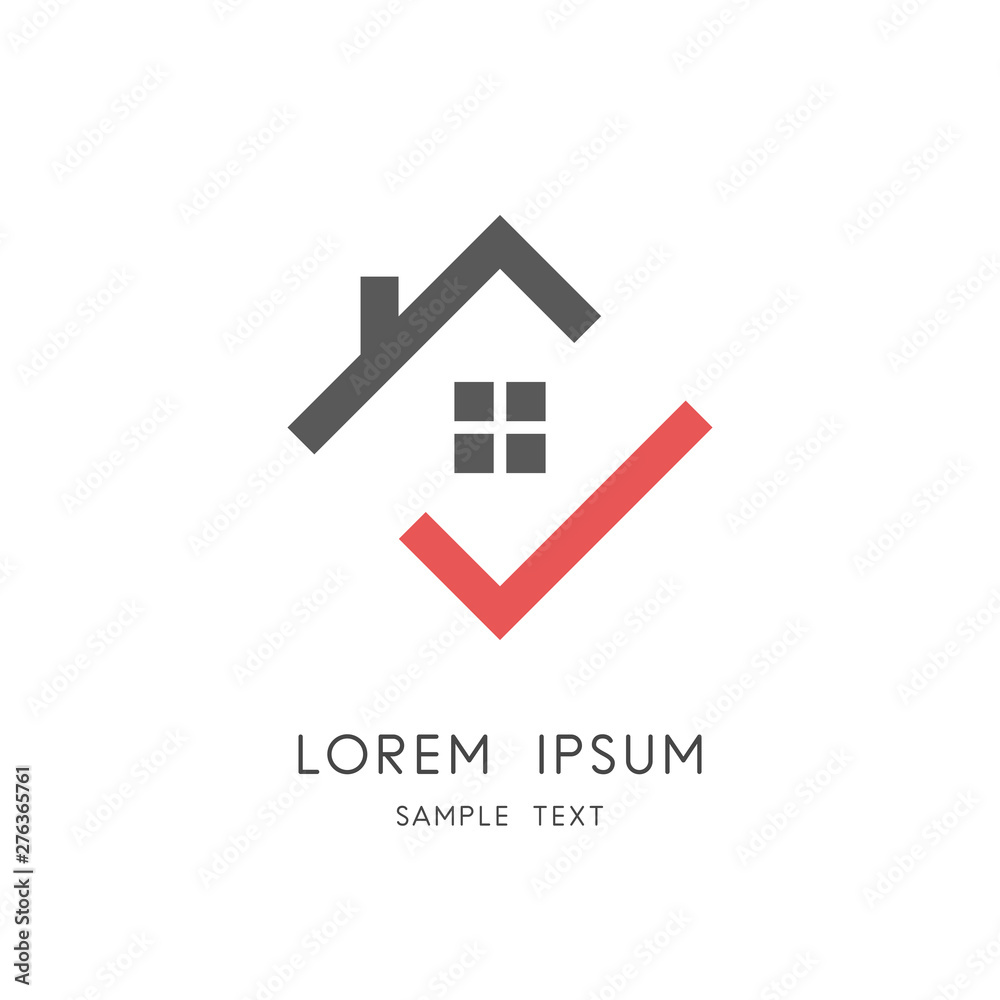 Home and check mark logo - house roof with chimney and window and red ...
