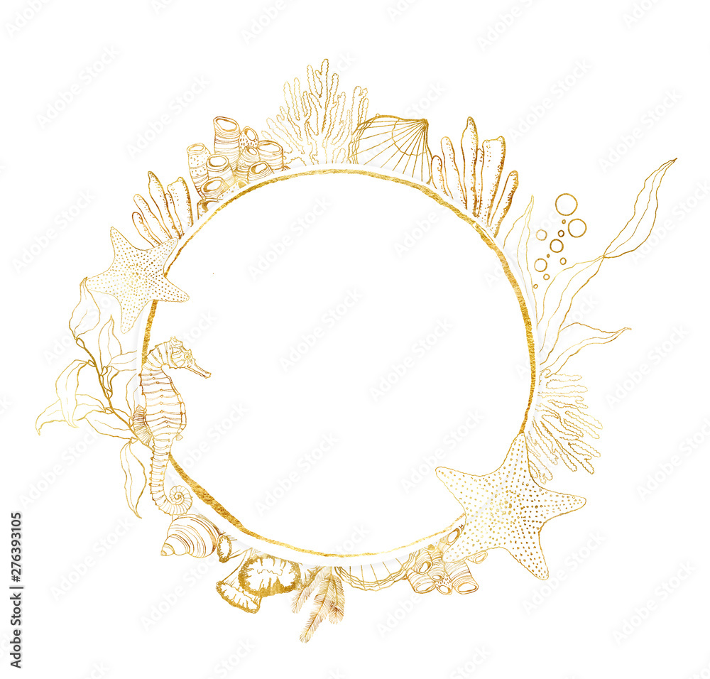 Watercolor underwater golden frame. Hand painted seahorse, laminaria ...