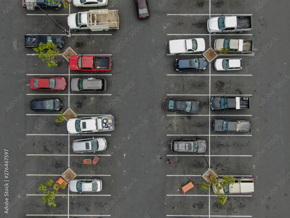 Aerial top view of parking lot at supermarket with with varieties of ...