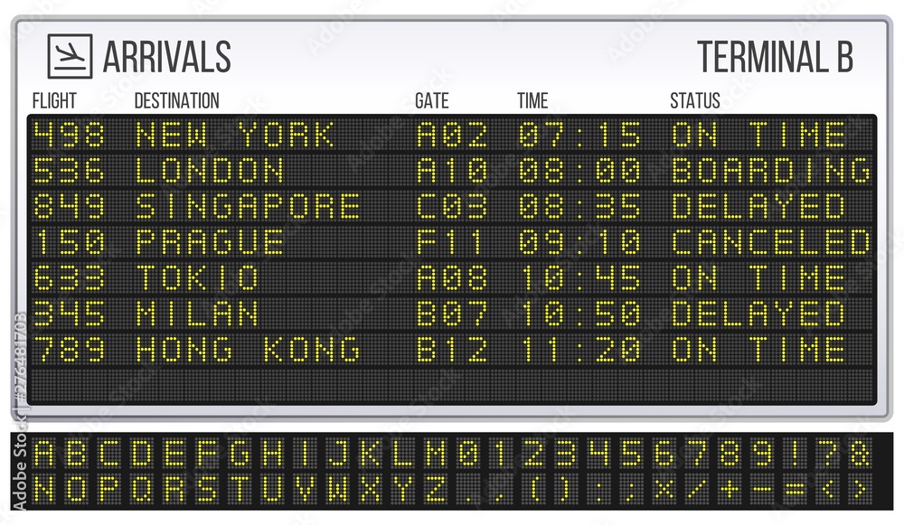 Airport scoreboard. Digital LED board font, arrivals and departures ...