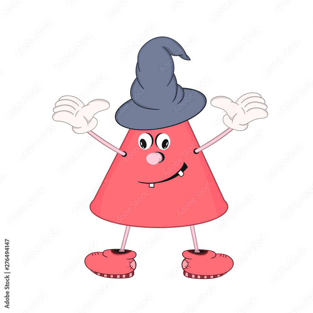 Funny cartoon cone with eyes, hands and feet, demonstrates the emotion ...