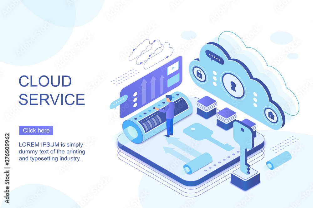Vector de Stock Cloud service landing page isometric vector template. Programmer synchronizing ...
